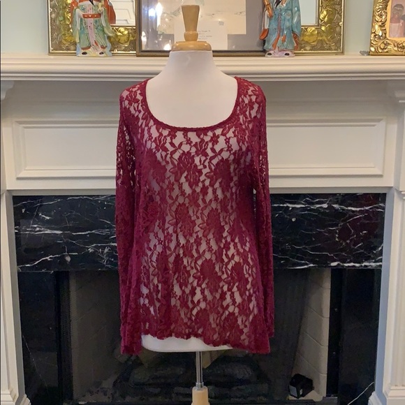 New York & Company | Tops | Nwt Nyc Burgundy Sheer Lace Open Back Top ...